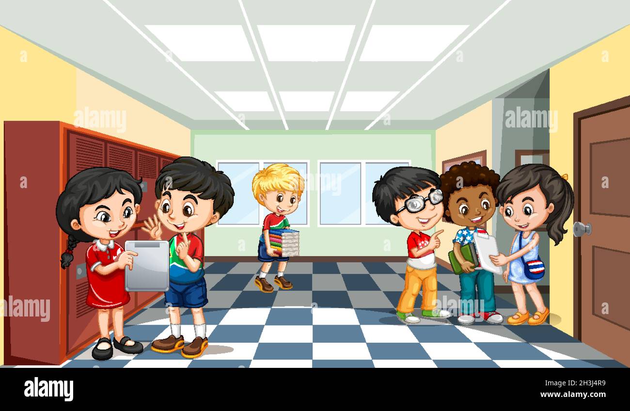 School scene with students cartoon character illustration Stock Vector ...