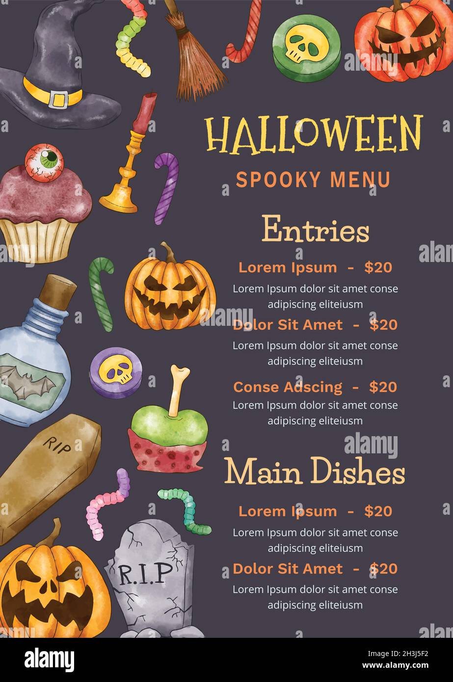 watercolor halloween menu template vector design illustration Stock ...