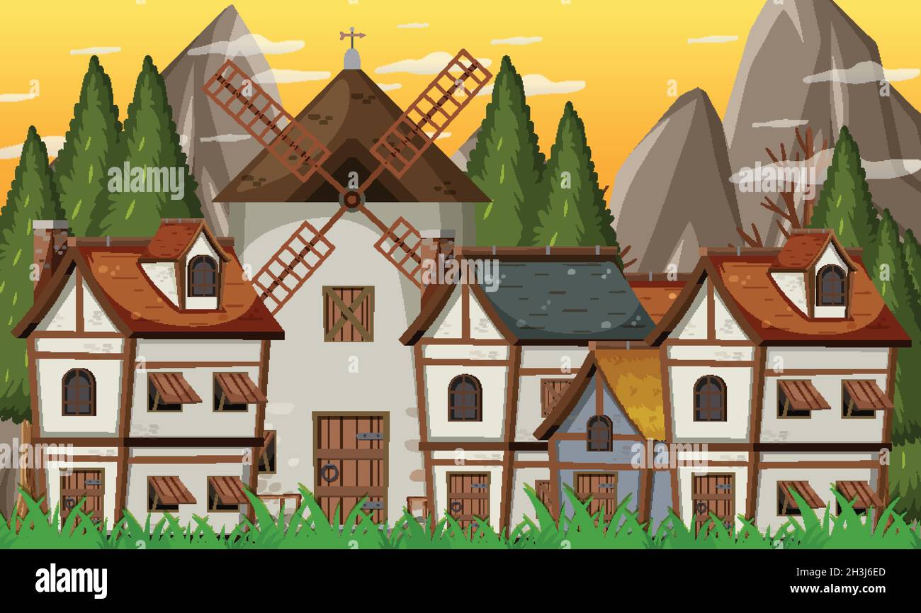 Medieval village scene with windmill and houses illustration Stock ...