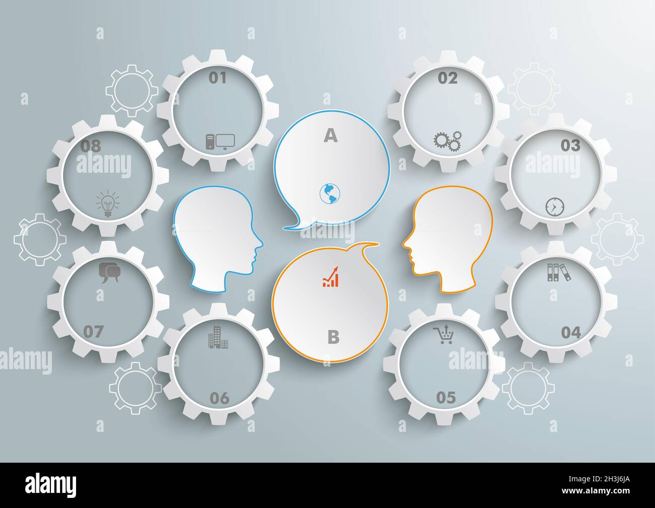 8 Gears 2 Heads Speech Infographic PiAd Stock Photo - Alamy