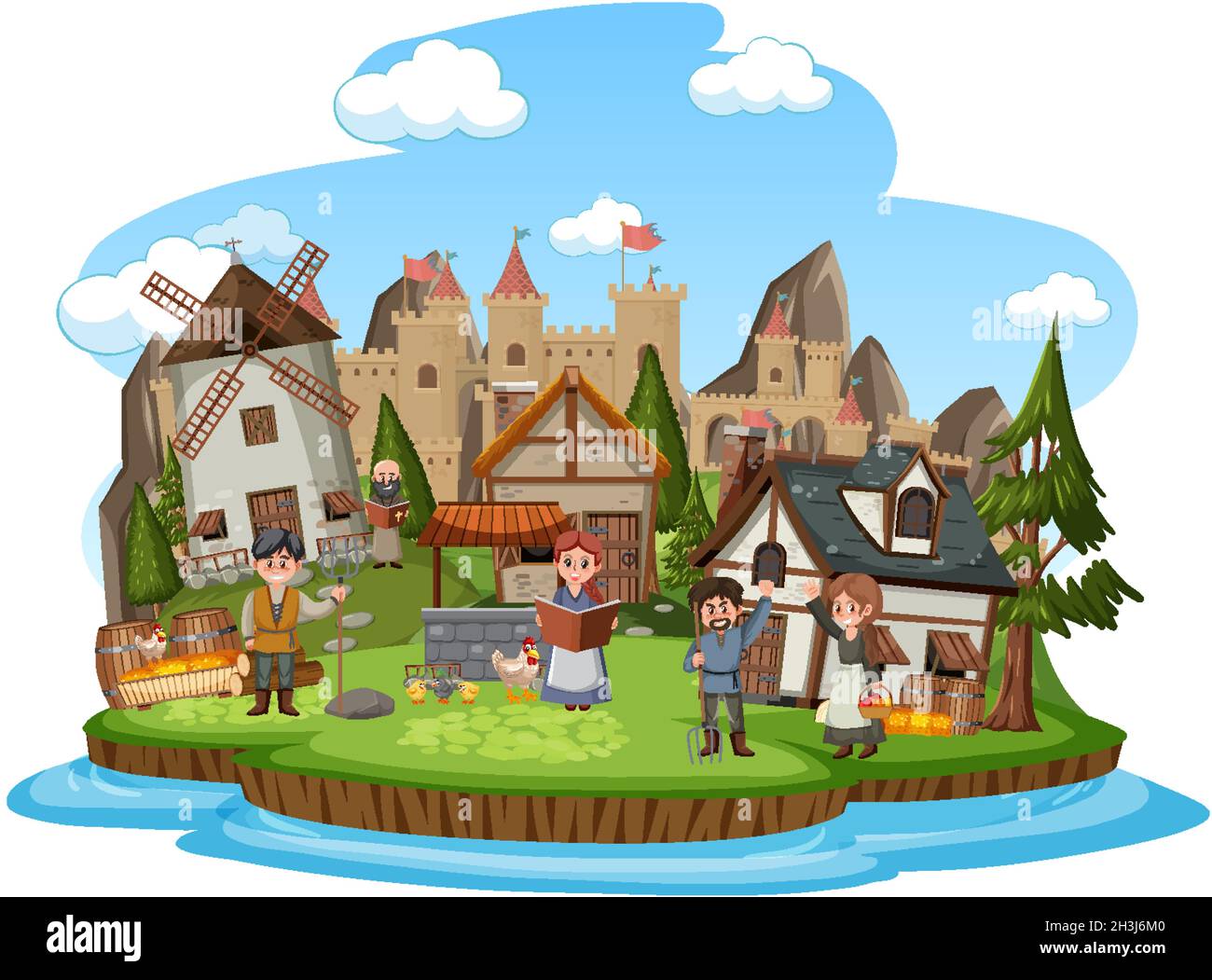 Medieval village with villagers on white background illustration Stock ...