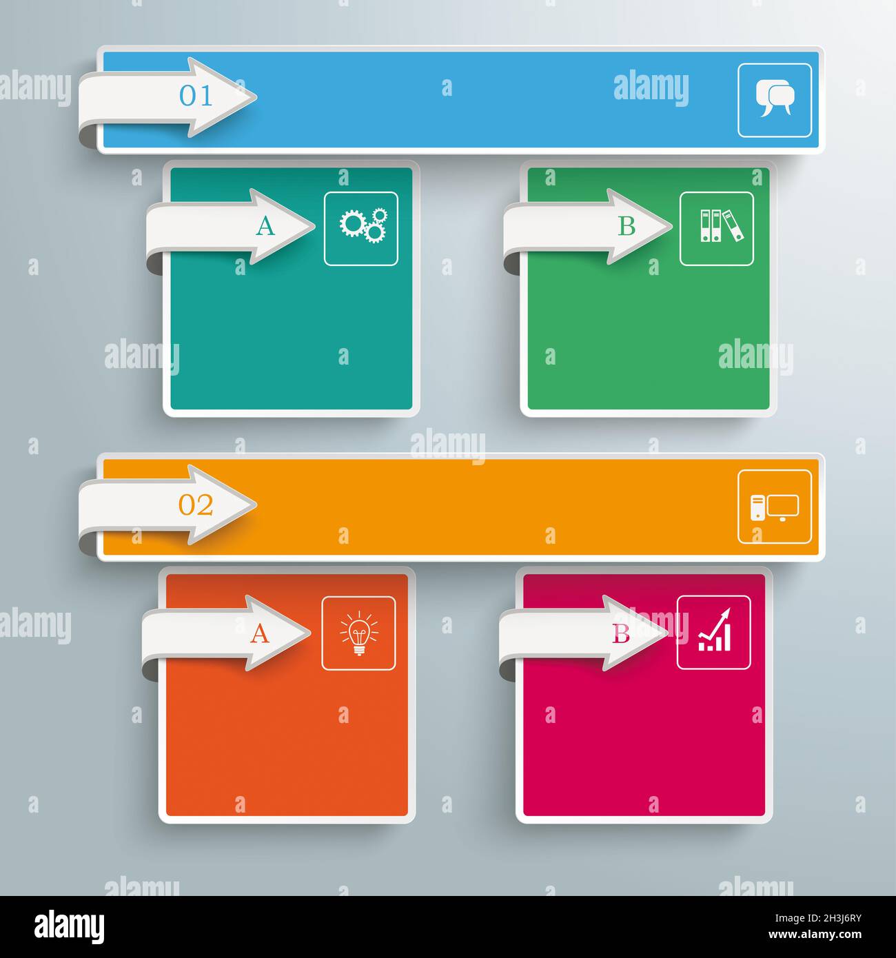 2 Colored Banners 4 Squares Arrows PiAd Stock Photo - Alamy