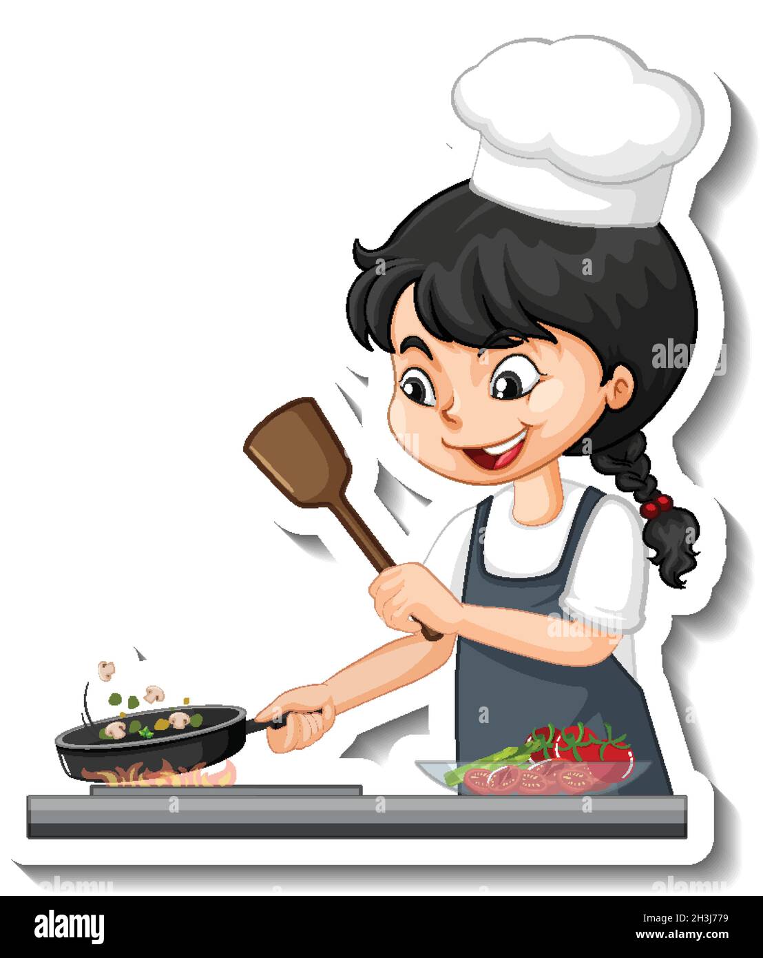 Cartoon character sticker with chef girl cooking illustration Stock ...
