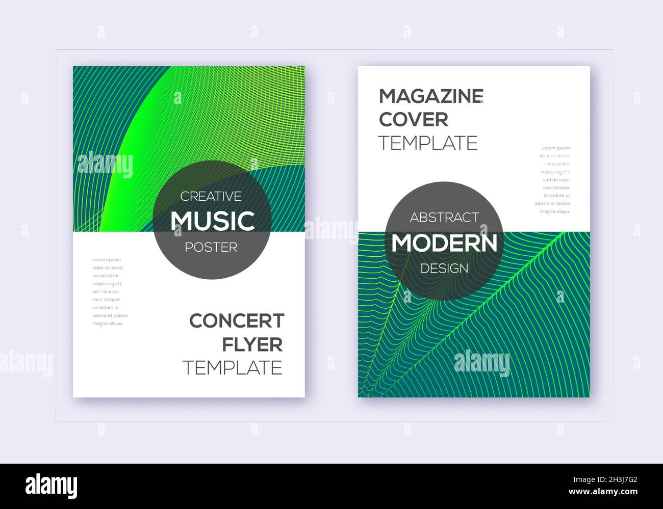 Modern cover design template set. Green abstract lines on dark ...