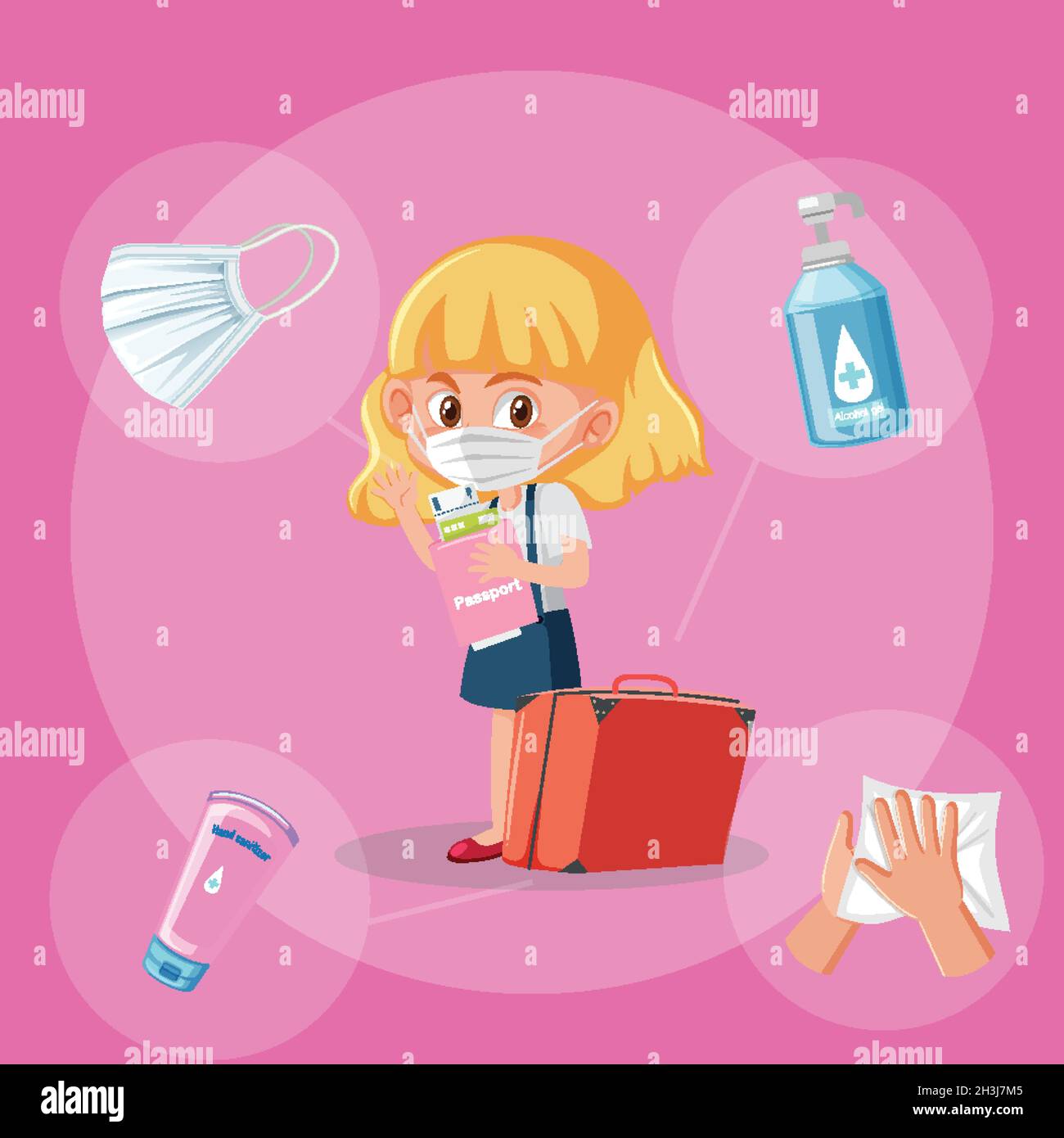 A girl travelling cartoon character with covid-19 travel safety kits ...