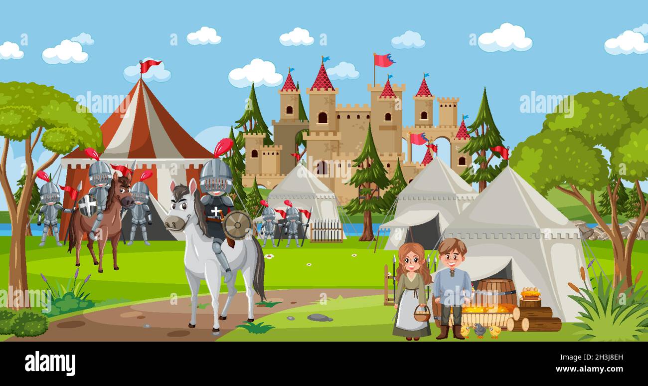 Medieval town scene with villagers illustration Stock Vector Image ...
