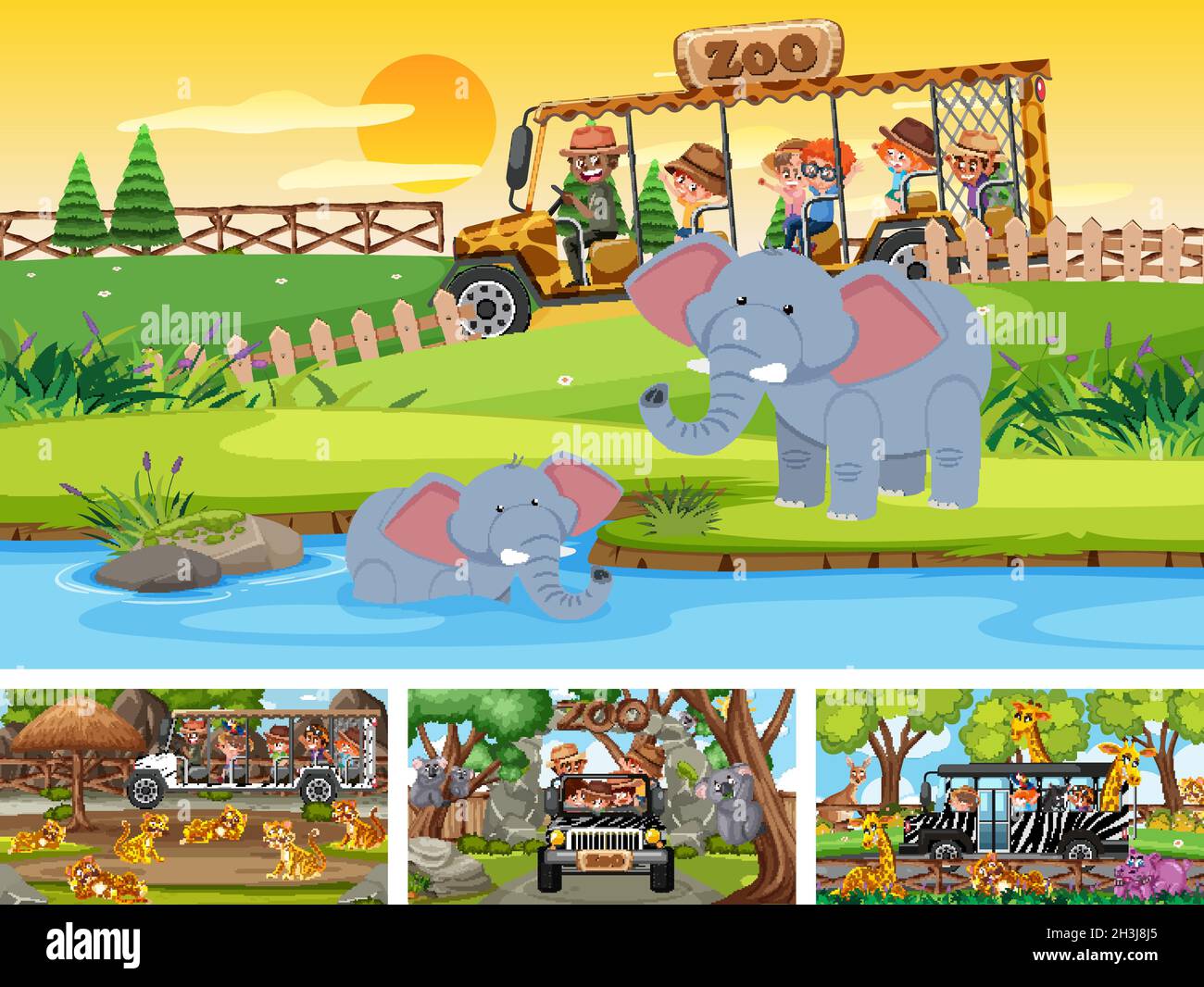 Set of different scenes with pirate ship at the sea and animals in the ...