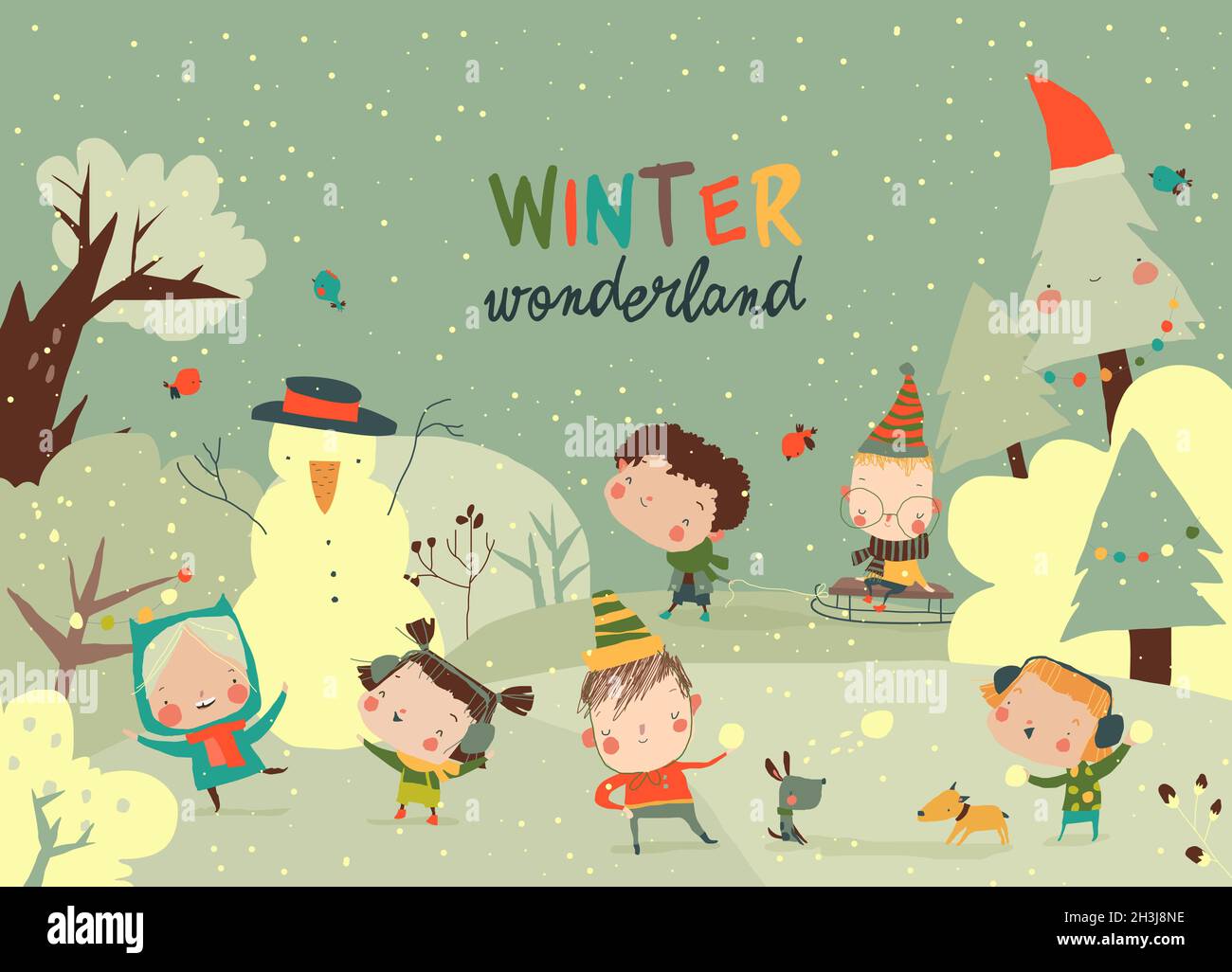 Happy Cute Kids playing Winter Games. Hello Winter Stock Vector Image ...