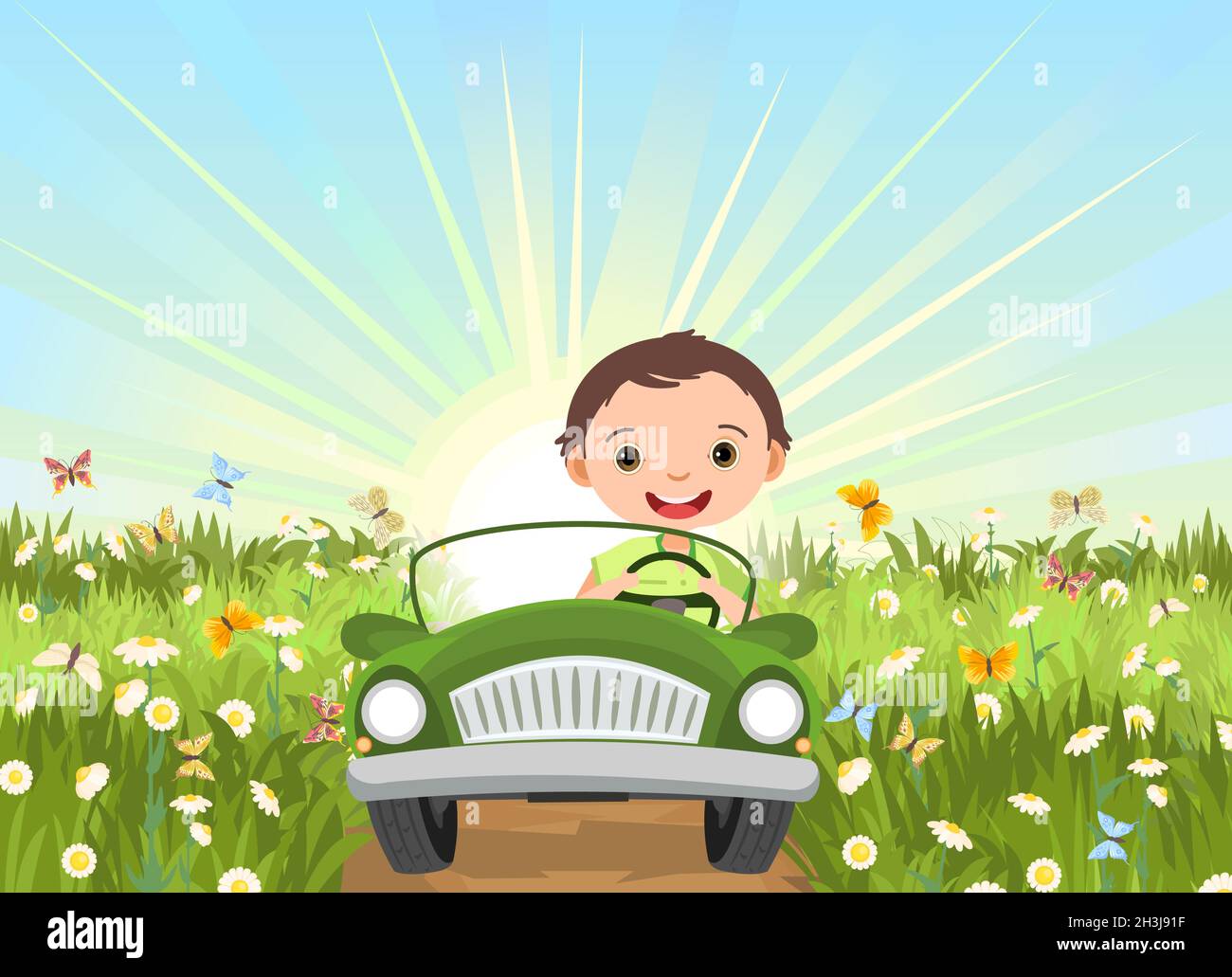 Childrens adventure in small car on sunrise. Kid drives pedal or ...