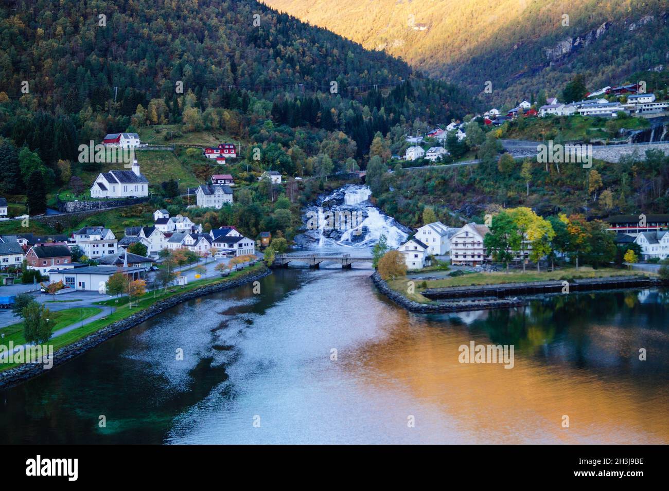 little town Hellesylt in Norway with the famous waterfall ...