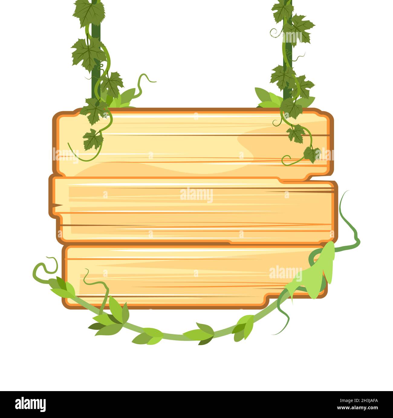 Upper wooden sign in the jungle. Suspended on vines. Empty board with ...