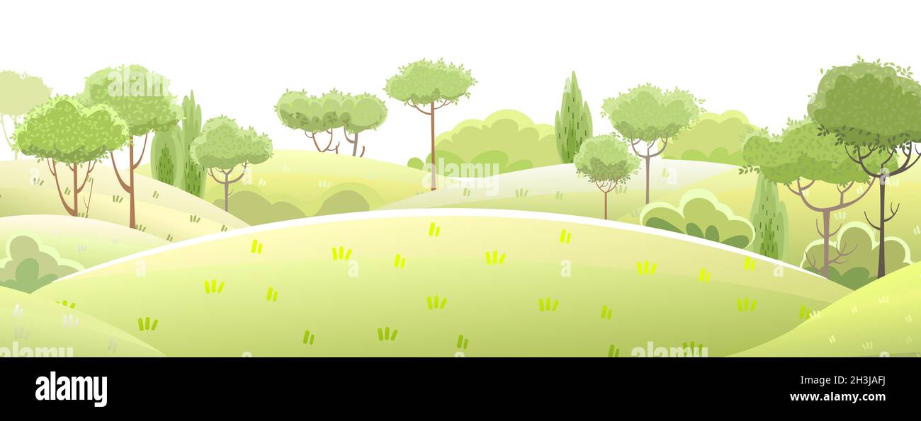 Rural beautiful landscape. Cartoon style. Hills with grass and forest ...