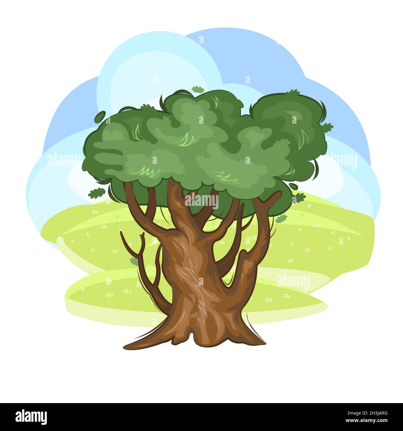 Oak. Tree. Green rural landscape with hills and hills. Flat cartoon ...