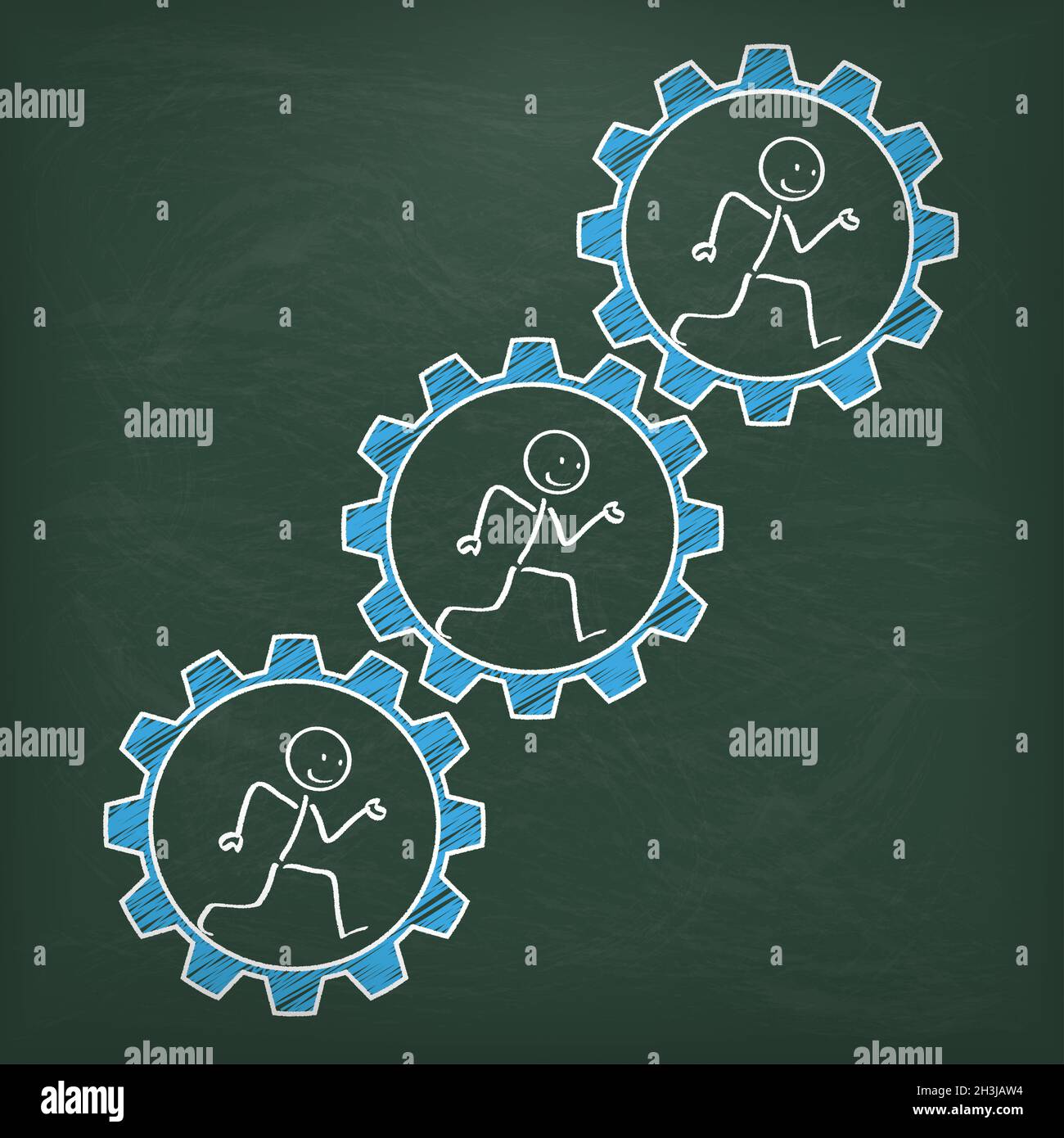 Blackboard 3 Stickman Runs 3 Gears Stock Photo - Alamy