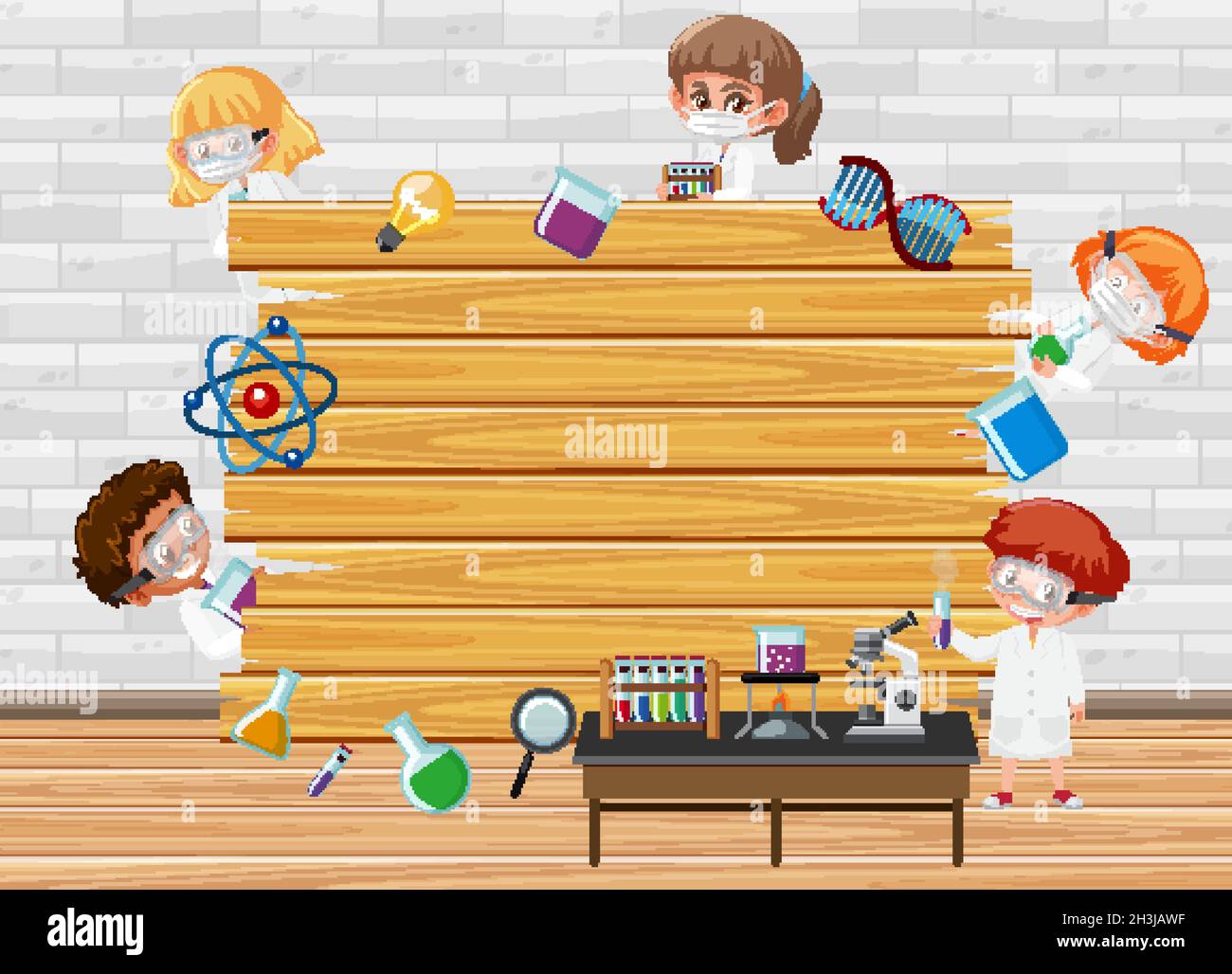 Empty wooden board with scientist kids cartoon character illustration ...