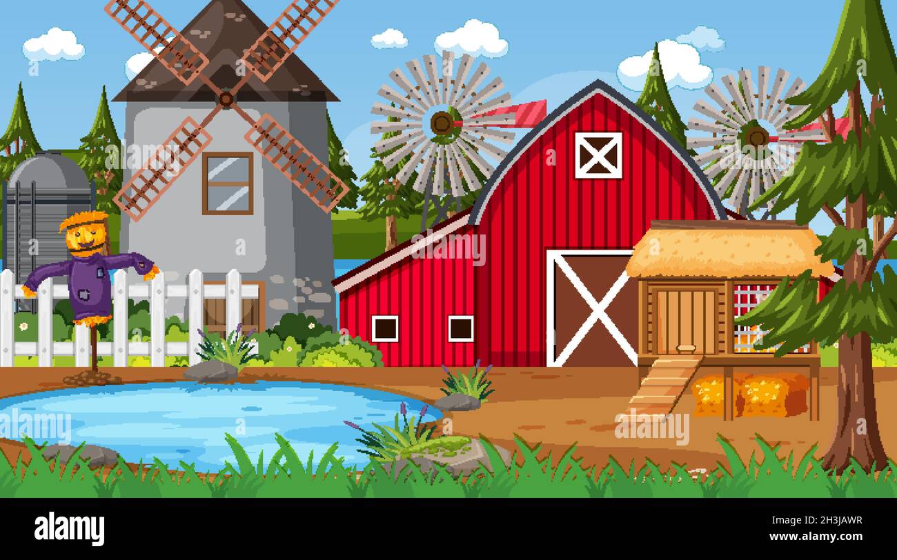 Empty farm scene with red barn and windmill illustration Stock Vector ...