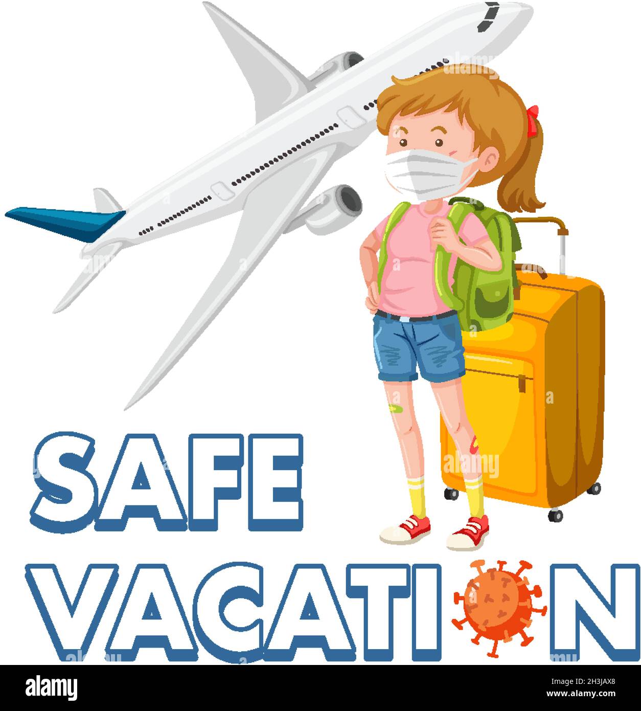 Safe Vacation logo with tourist girl wears mask ready to travel during ...