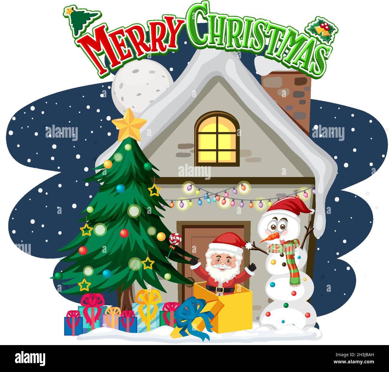 Merry Christmas text logo with winter house and decorations ...