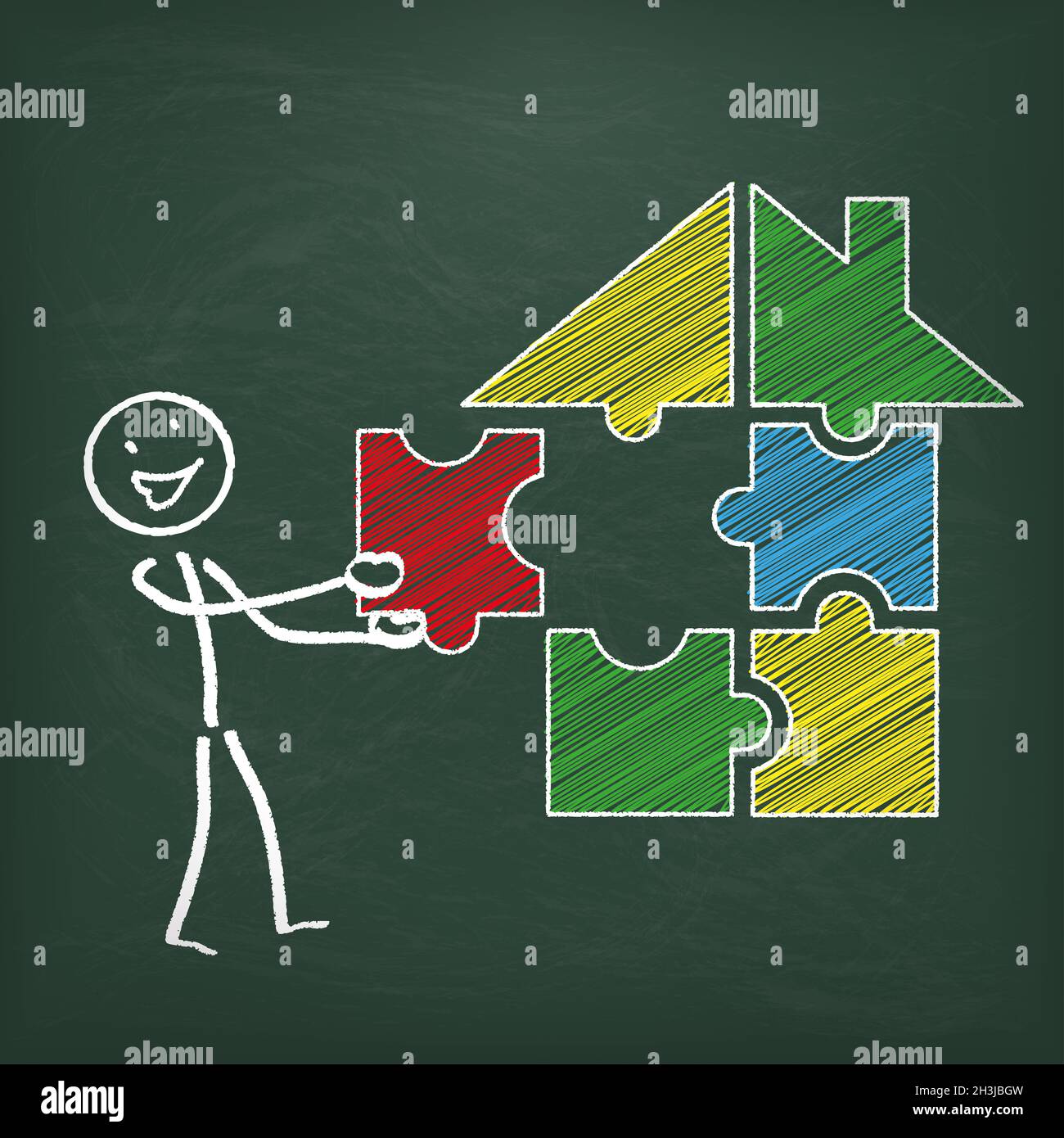 Blackboard Stickman Puzzle House Stock Photo - Alamy