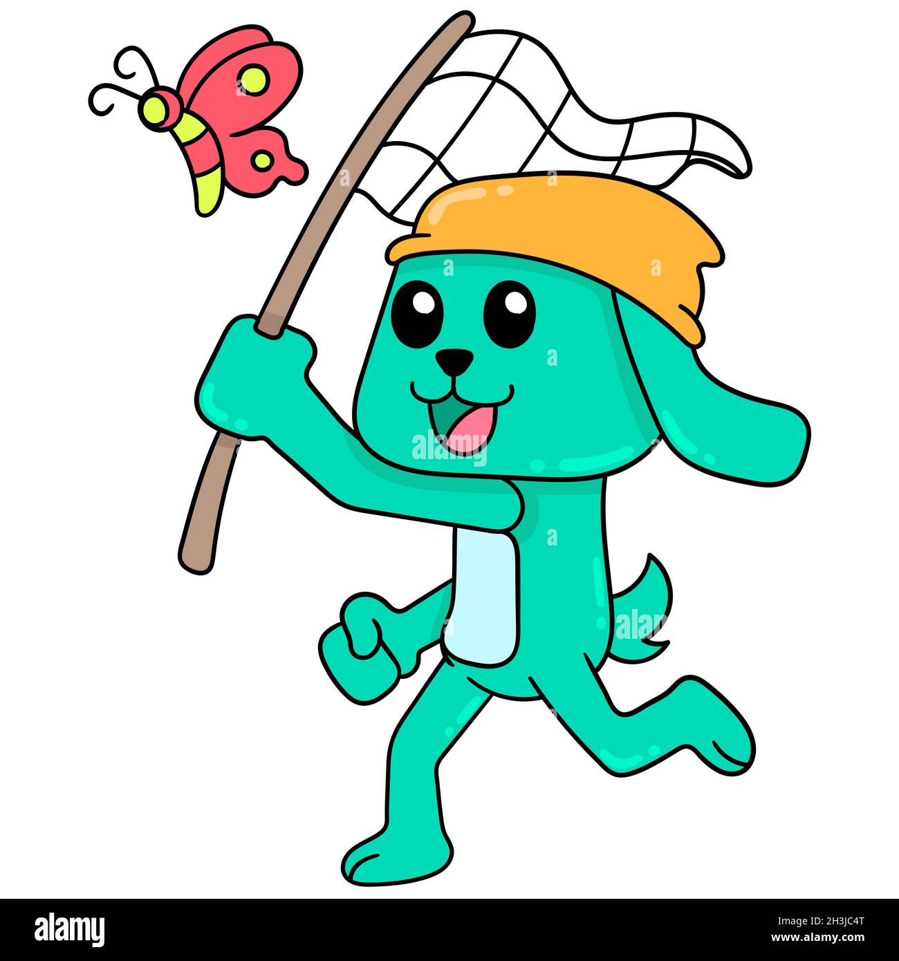 the dog is running after the butterfly carrying the net Stock Vector ...