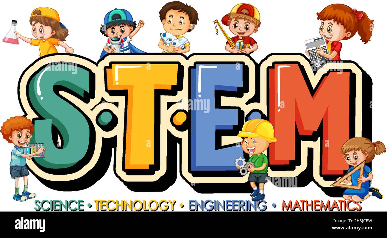 STEM education logo with many children cartoon character illustration ...