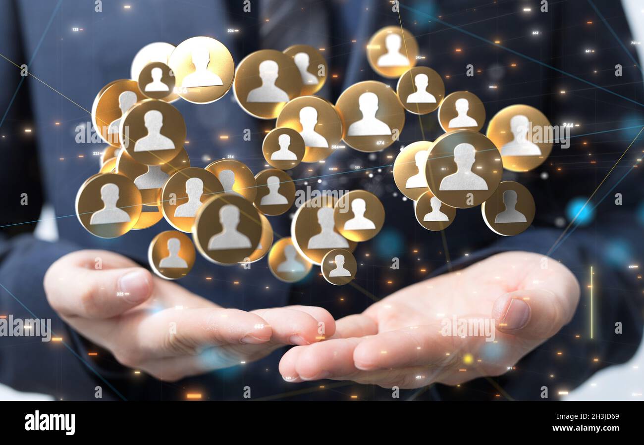 3D rendering of digital human icons with hand pointing at it from the ...