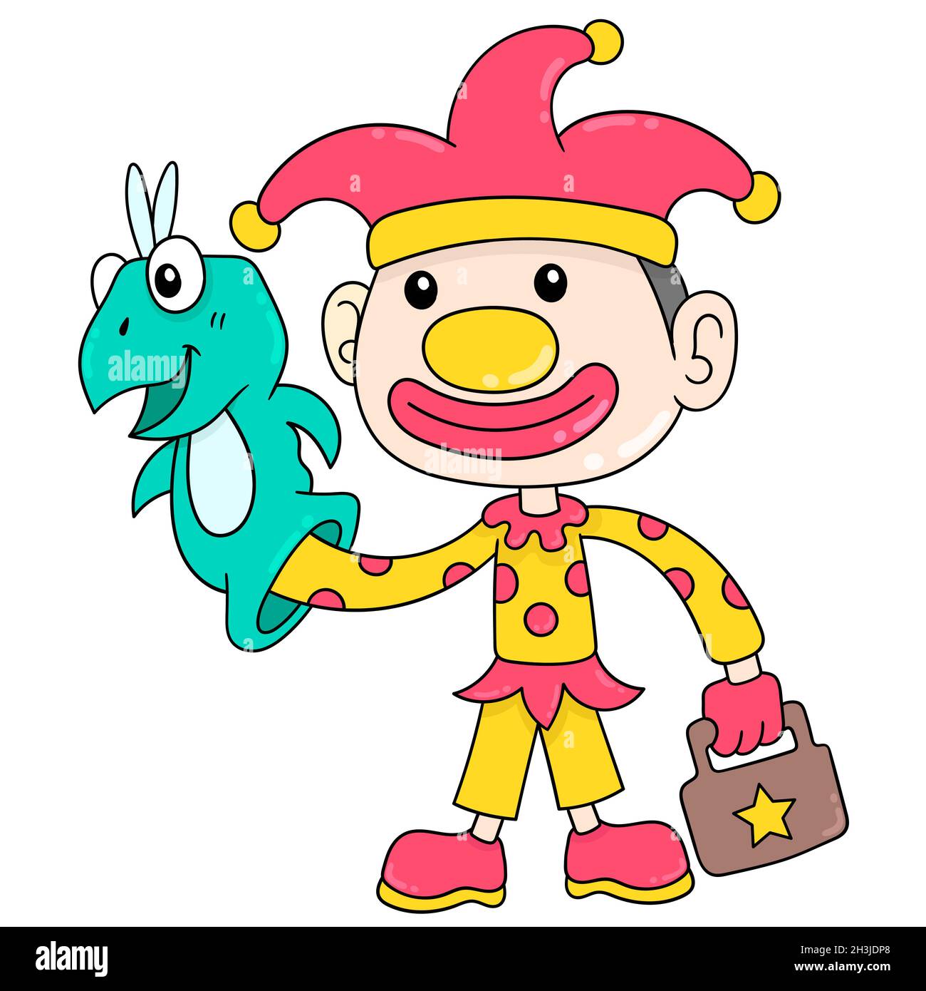 a clown is in action with a comedian carrying a hand puppet is telling ...