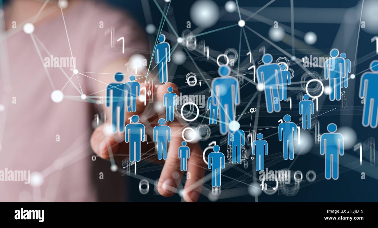 3D rendering of digital human icons with hand pointing at it from the ...