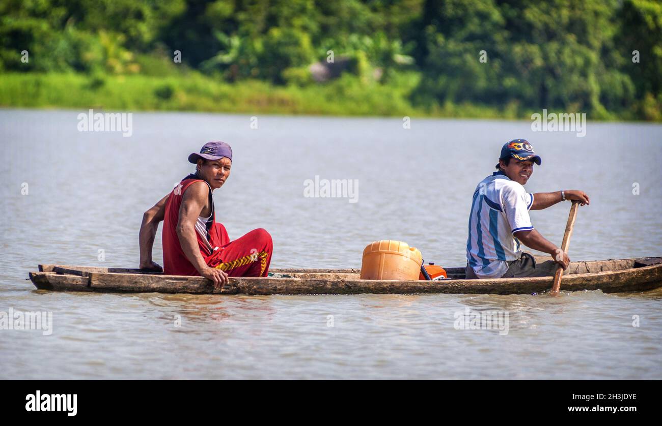 LORETO, PERU - JANUARY 02: Unidentified locals fishing in the river in ...
