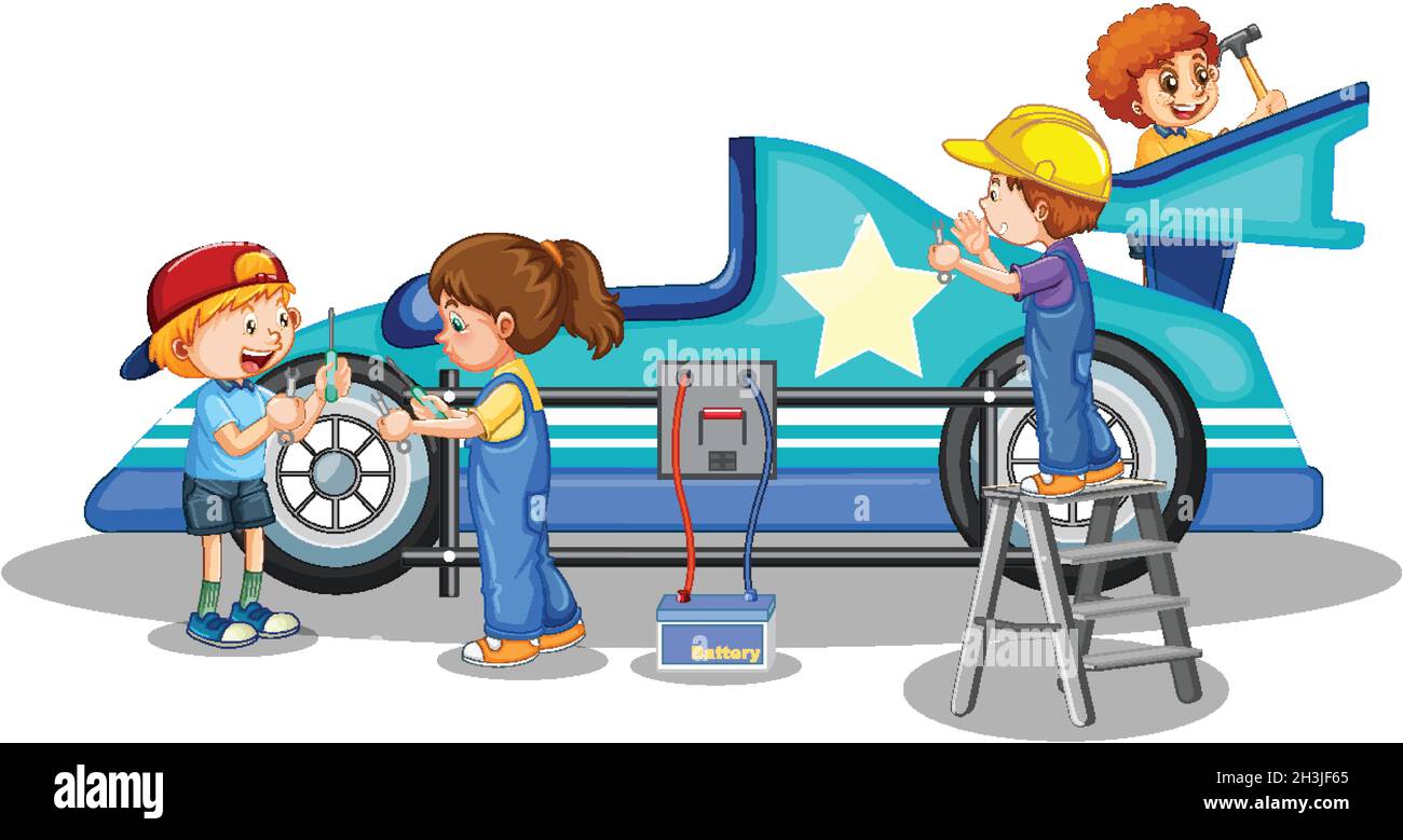 Children repairing car together on white background illustration Stock ...