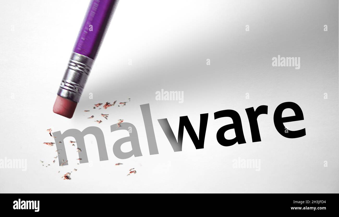 Eraser deleting the word Malware Stock Photo - Alamy