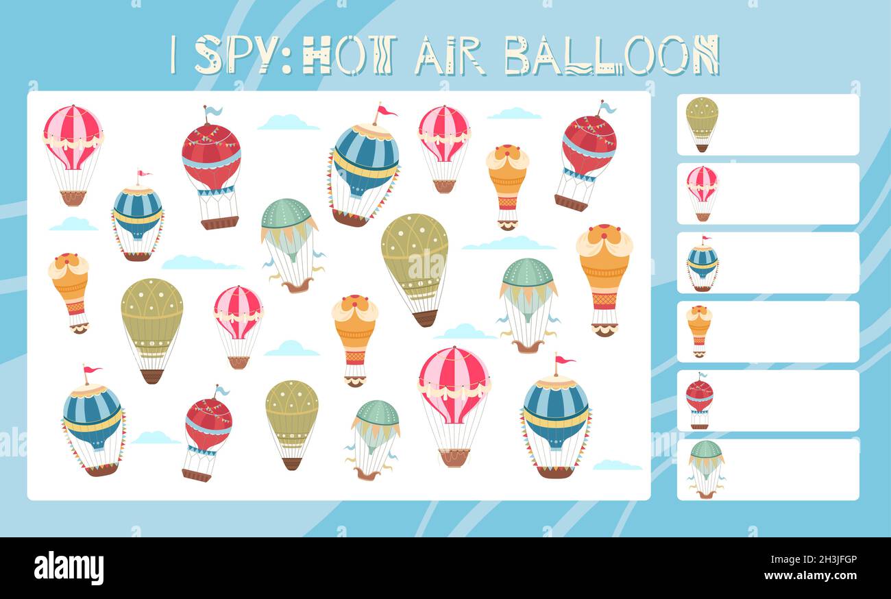 I spy game. Childrens educational fun. Count how many hot air balloons ...
