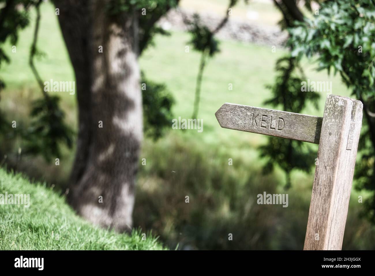 Rustic wooden sign for walkers hikers pointing to the Swaledale village ...