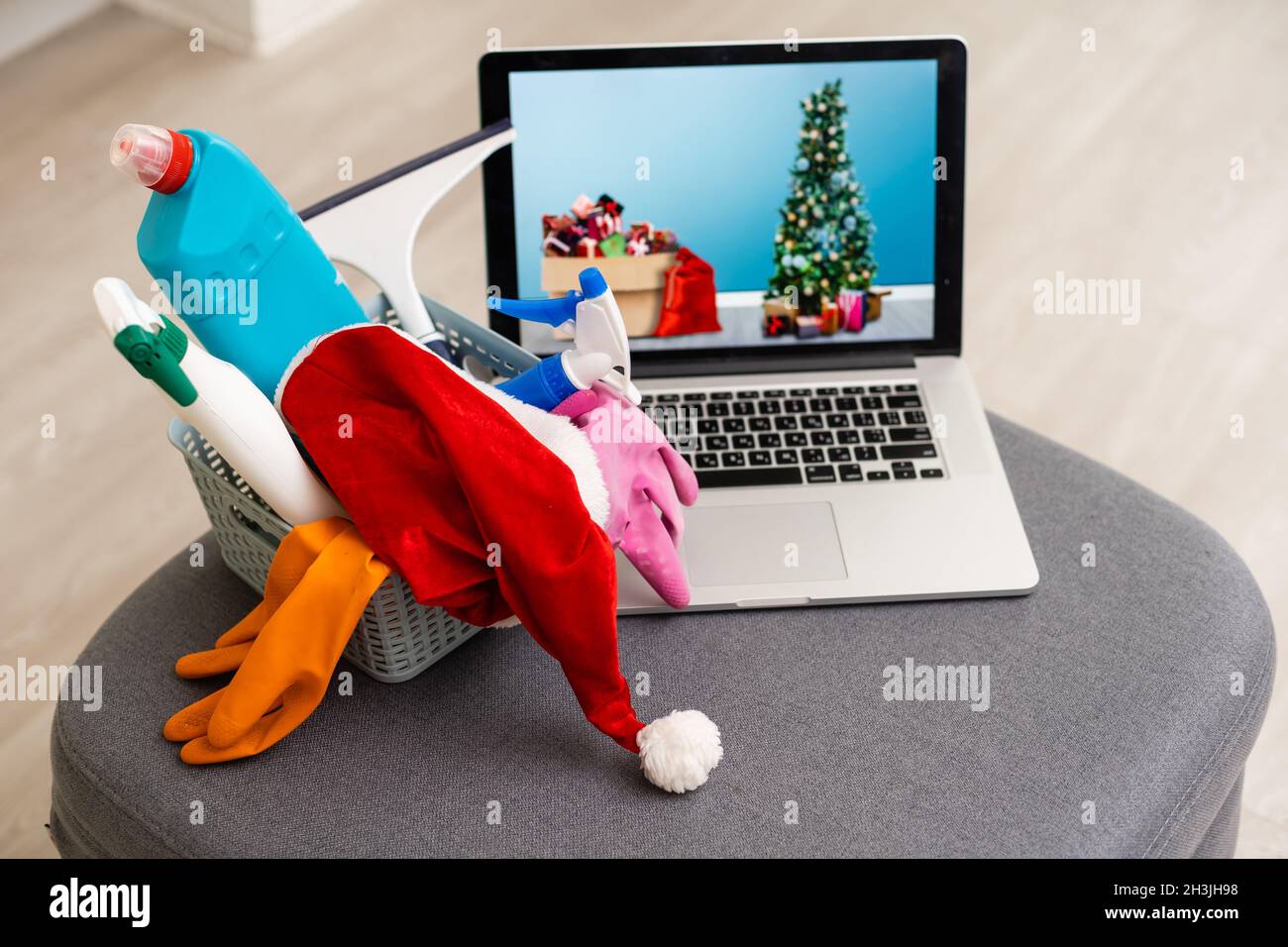 Cleaning before Christmas. Multicolored cleaning supplies. Sponges ...