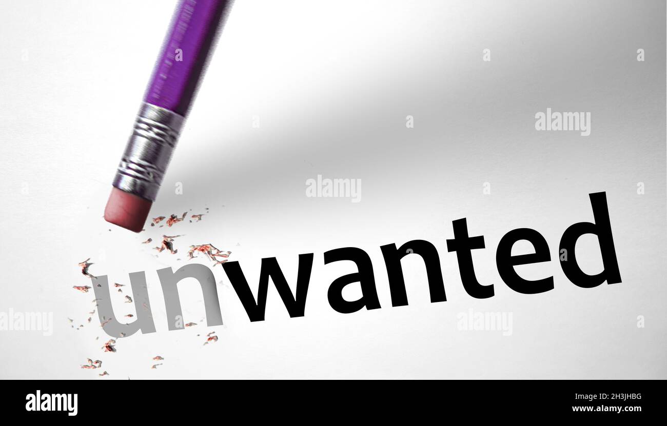 Eraser changing the word Unwanted for Wanted Stock Photo - Alamy