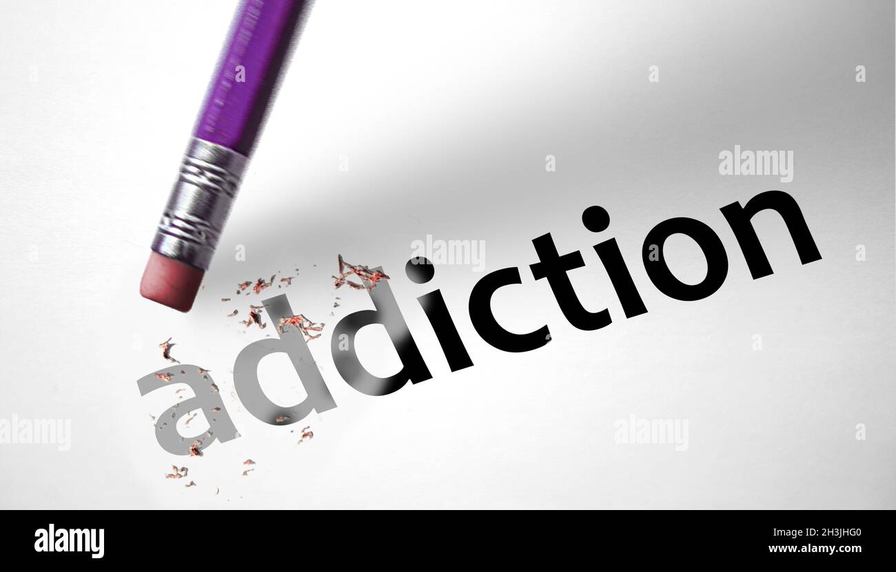 Eraser deleting the word Addiction Stock Photo - Alamy