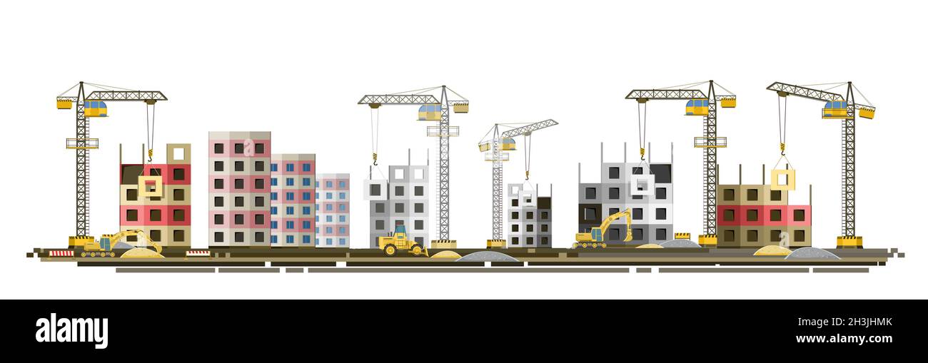 Construction of new microdistrict of city. Cranes and Tractors. Modern ...