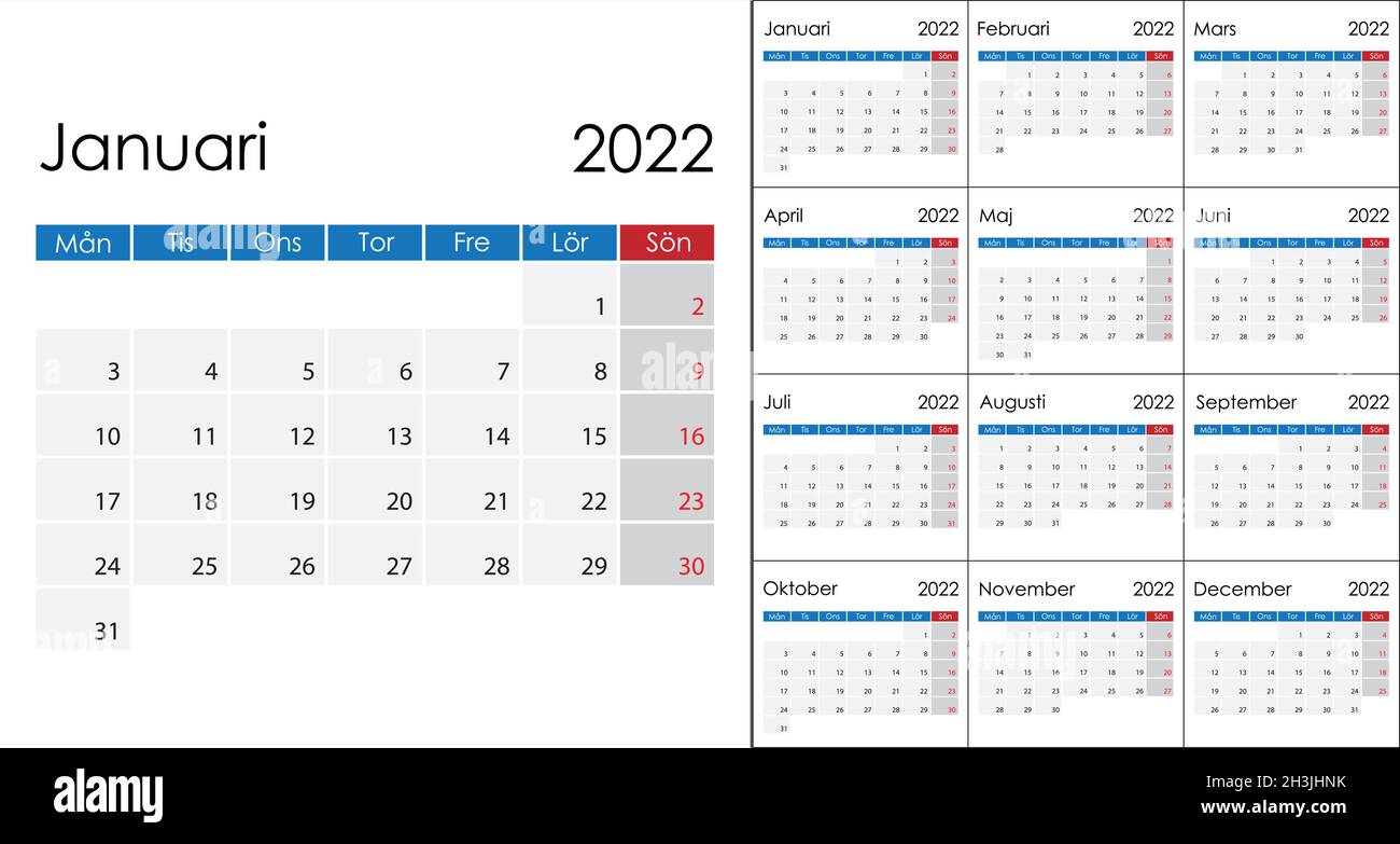 Simple Calendar 2022 on Swedish language, week start on Monday. Vector ...