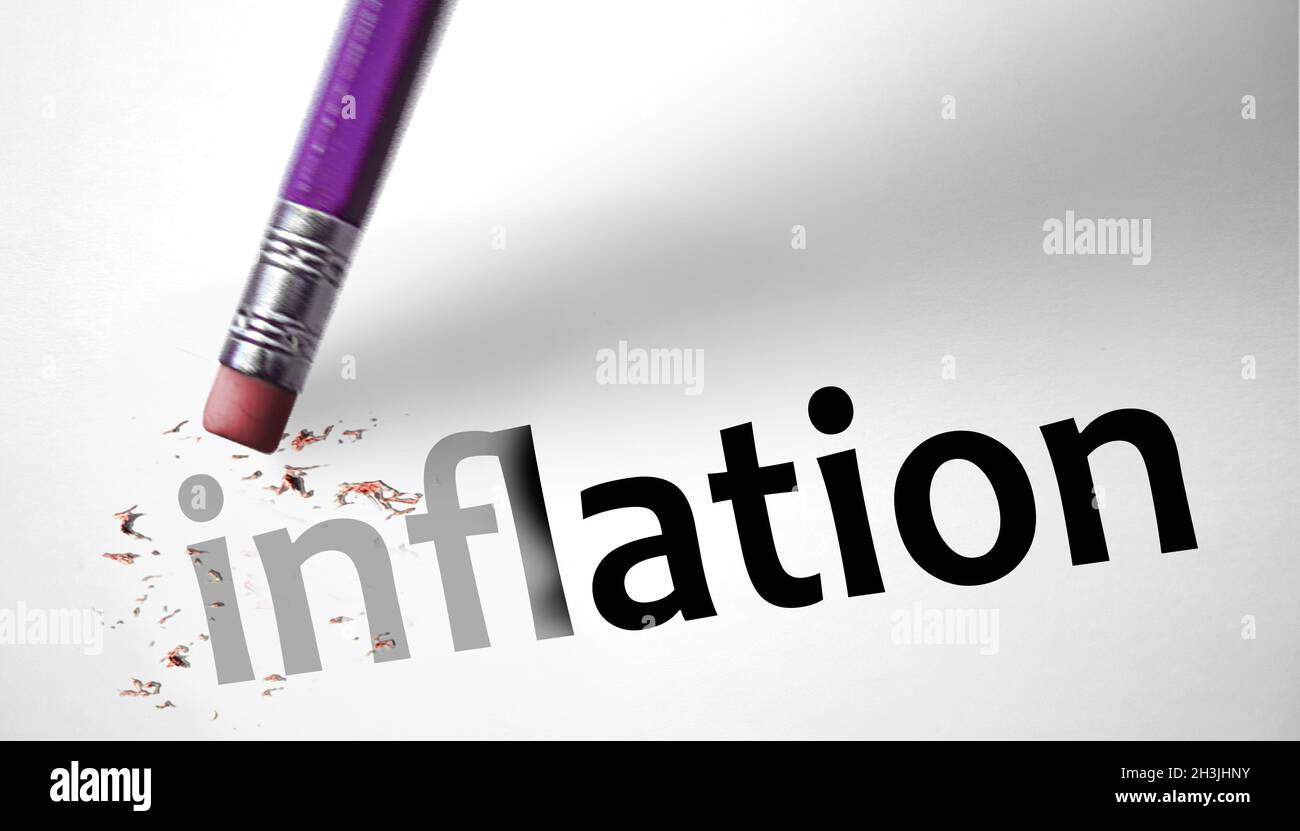 Eraser deleting the word Inflation Stock Photo - Alamy