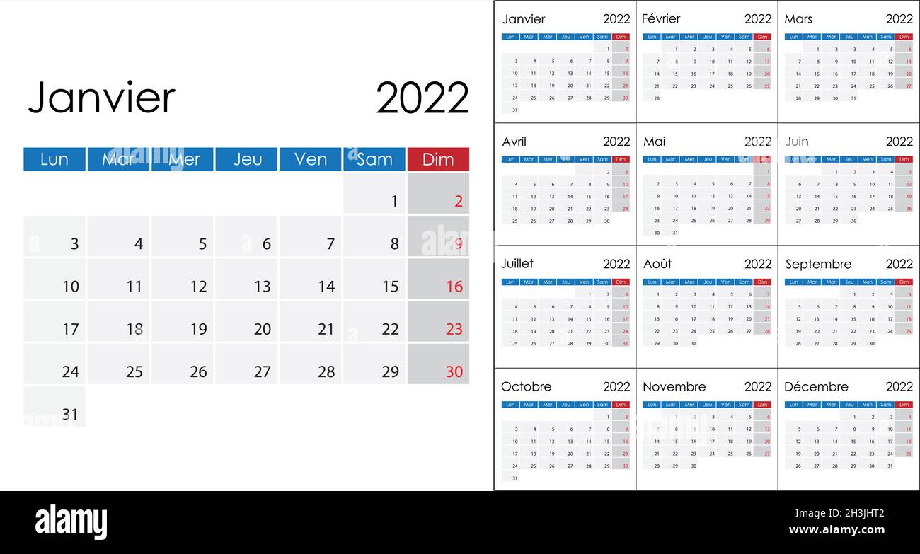 Simple Calendar 2022 on French language, week start on Monday. Vector ...