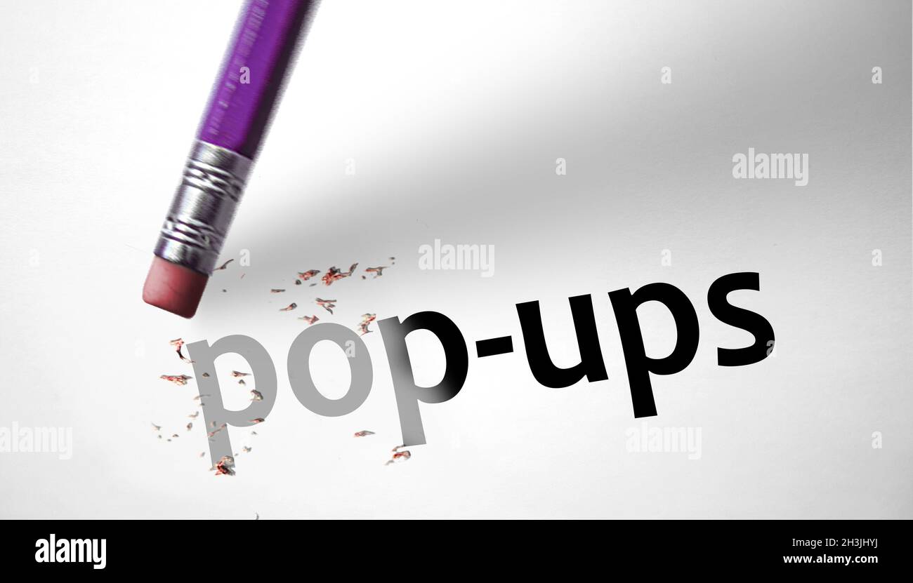 Eraser deleting the word Pop-ups Stock Photo - Alamy