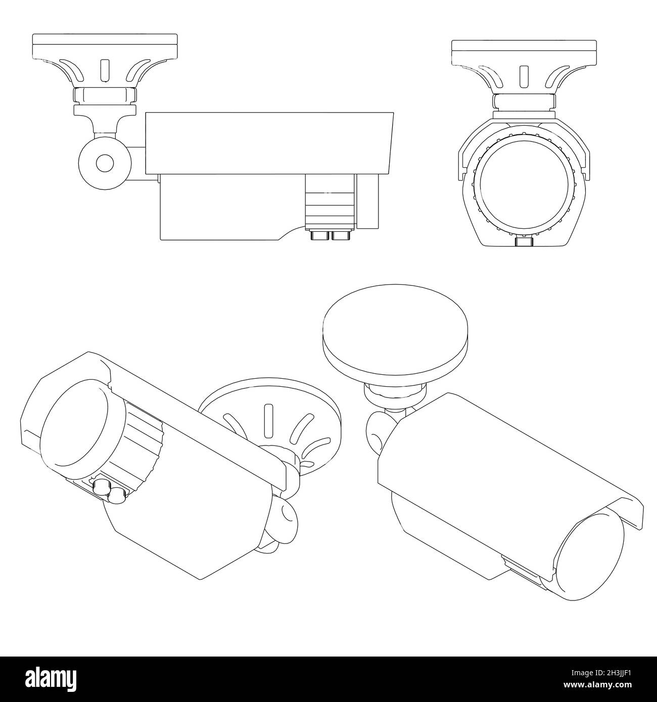 Set with contours of a cctv camera from black lines isolated on a white ...