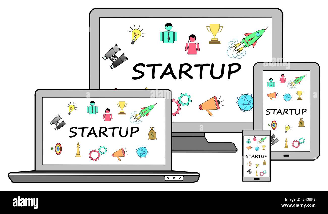 Startup concept on different devices, isolated on white Stock Photo - Alamy