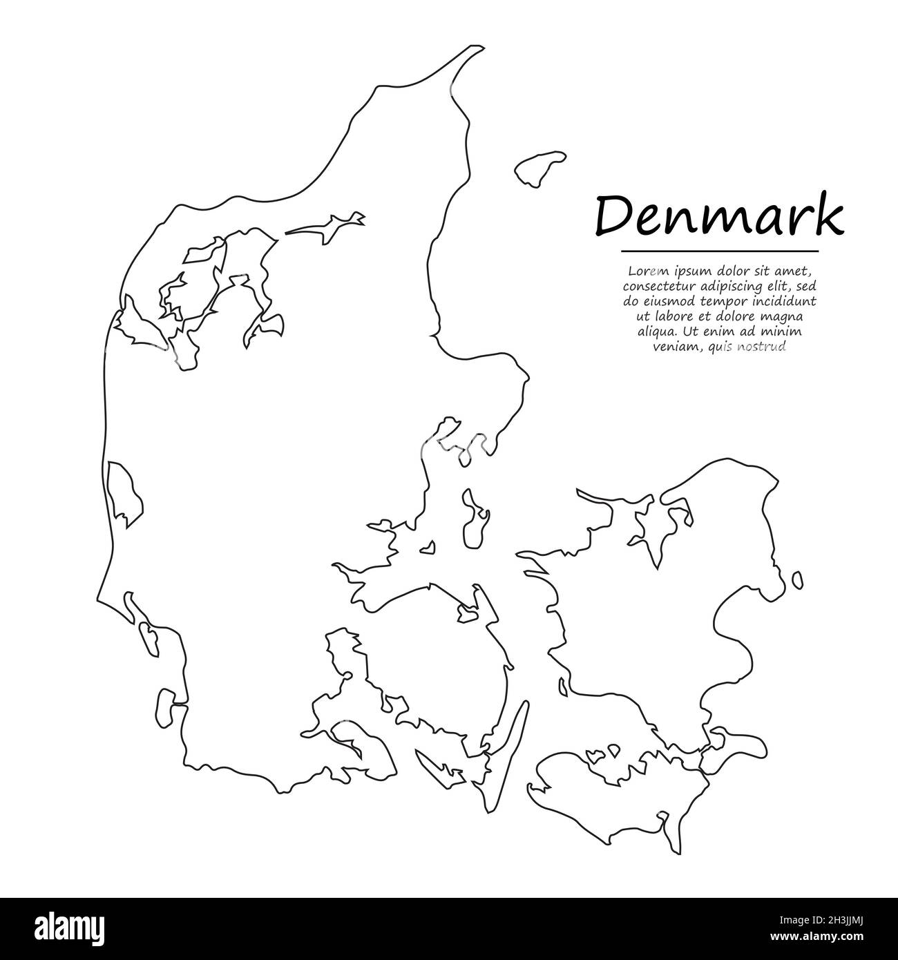 Simple outline map of Denmark, vector silhouette in sketch line style ...