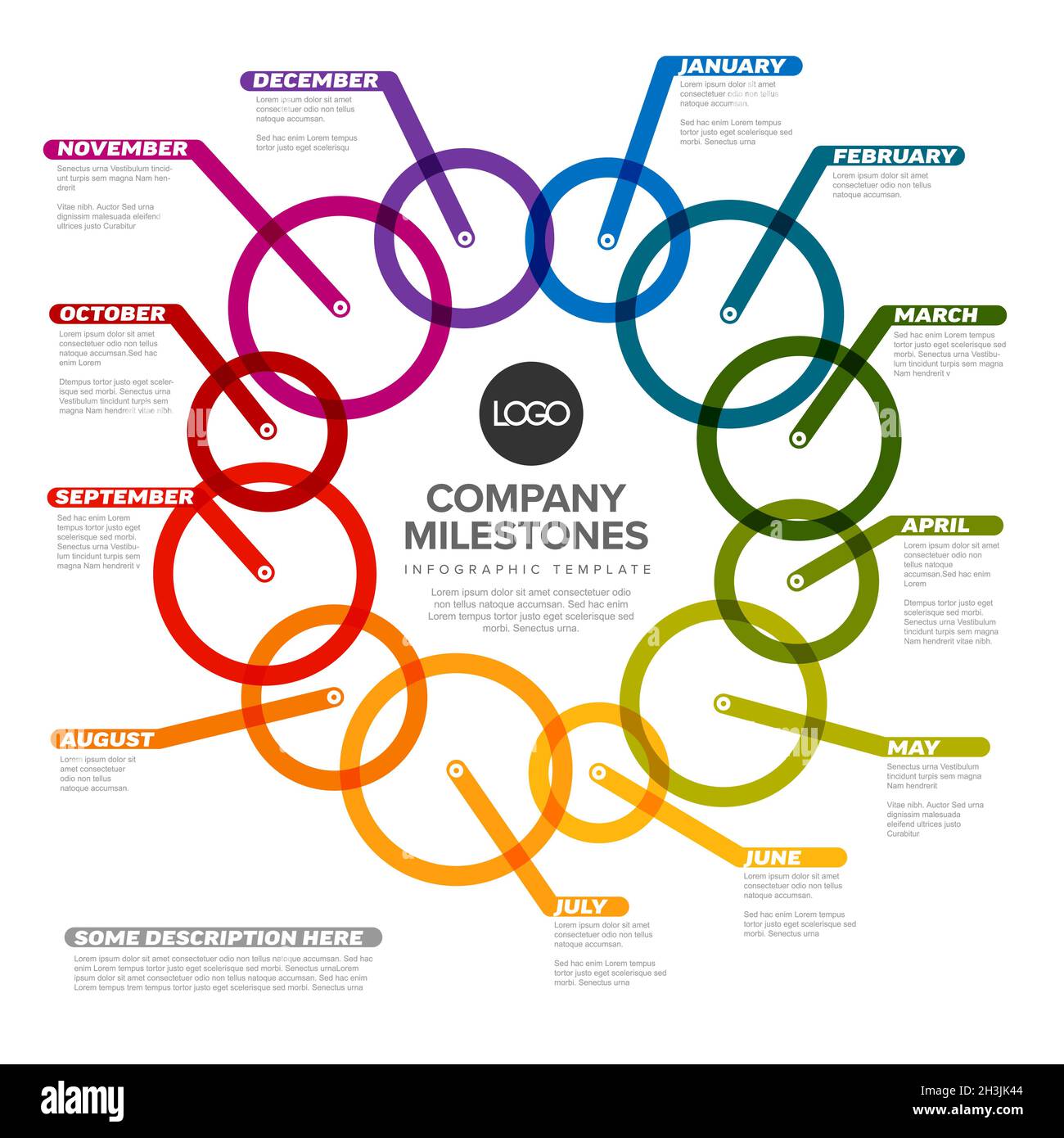 Full year timeline template with all months as a circles on endless ...