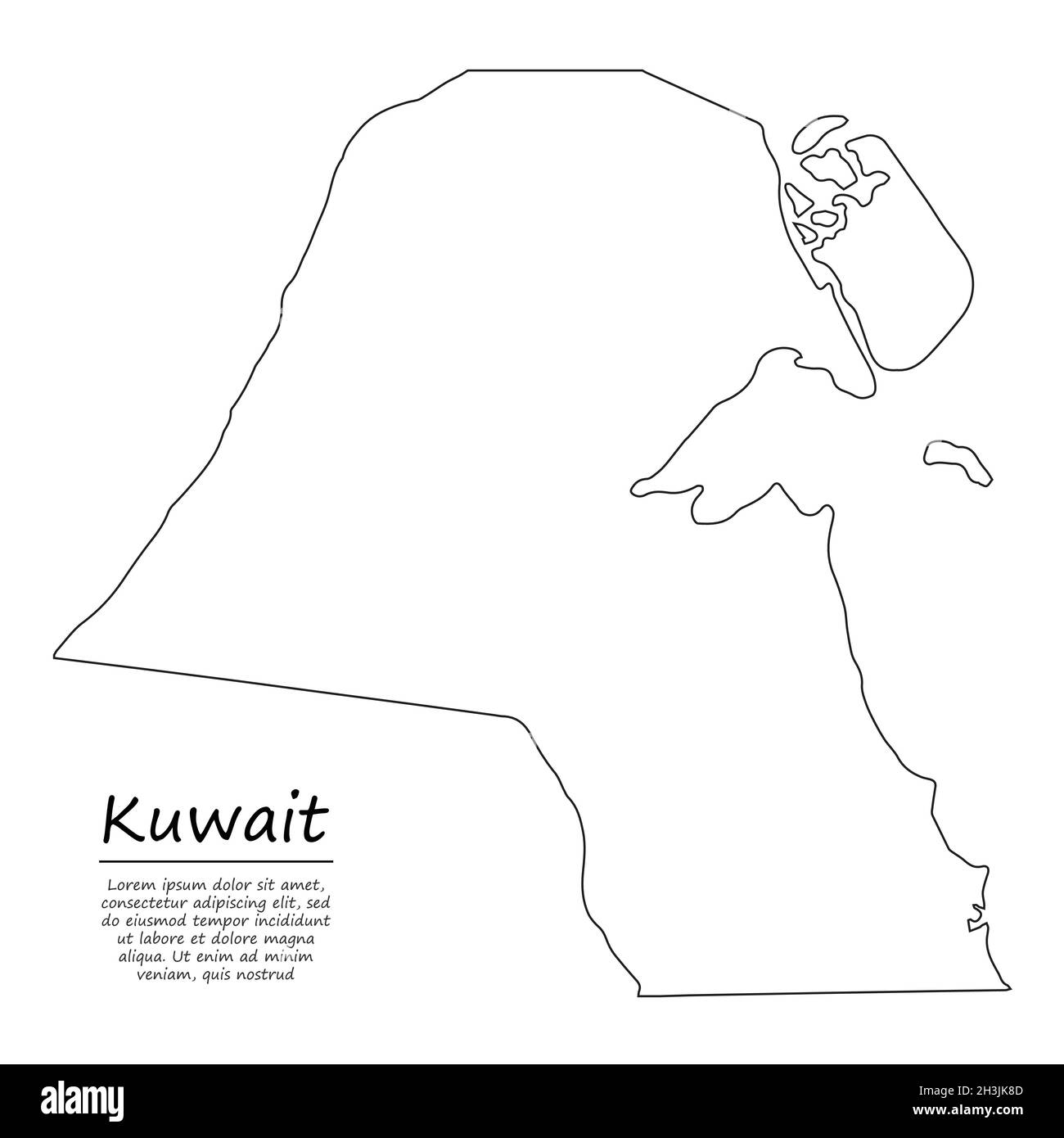 Simple outline map of Kuwait, vector silhouette in sketch line style ...