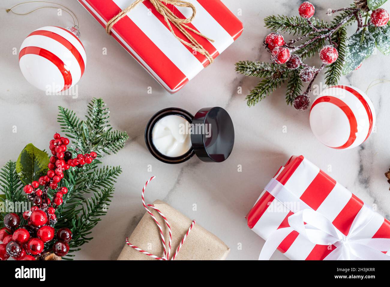 Christmas Spa Concept and Winter Skin Care products, face cream, fir ...