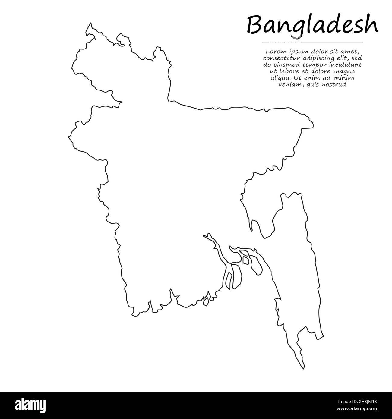 Simple outline map of Bangladesh, vector silhouette in sketch line ...