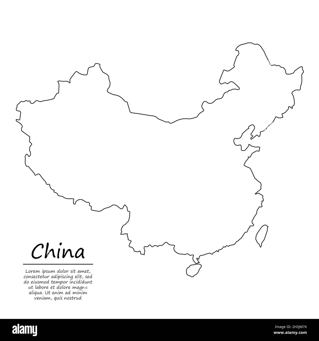 Simple outline map of China, vector silhouette in sketch line style ...