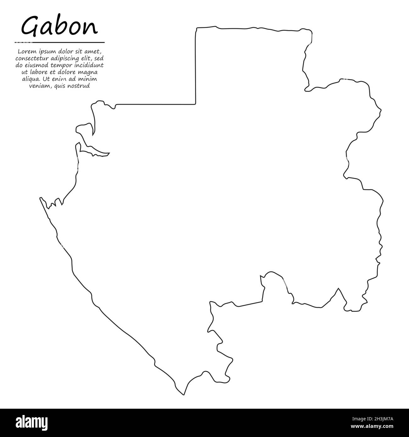 Simple outline map of Gabon, vector silhouette in sketch line style ...